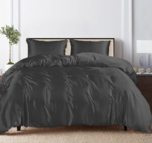 linenwalas tencel lyocell duvet cover set with deep pocket fitted sheet, viscose made from eucalyptus soft, lightweight and breathable complete bedding set (charcoal grey, full)