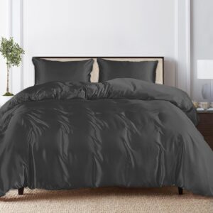 Linenwalas Tencel Lyocell Duvet Cover Set with Deep Pocket Fitted Sheet, Viscose Made from Eucalyptus Soft, Lightweight and Breathable Complete Bedding Set (Charcoal Grey, Queen)