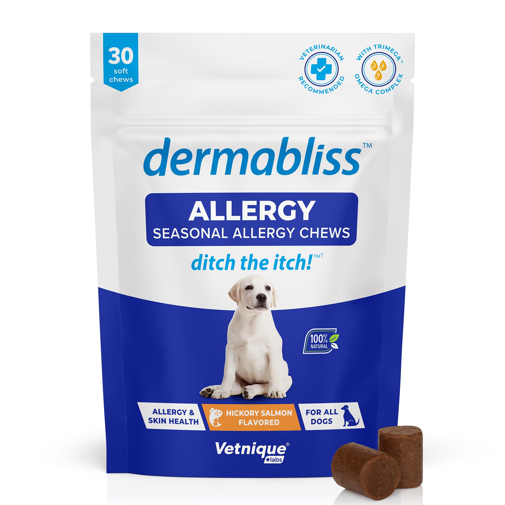 Vetnique Labs Dermabliss Seasonal Dog Allergy Chews (30ct) Glandex Anal Gland Support Powder with Pumpkin for Dogs (5.5oz Pork) Bundle