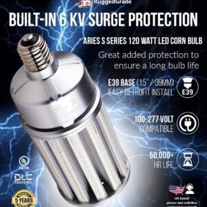 120 Watt LED Corn Bulb - Aries III Series - 16,400 Lumens - 5000K - E39 Large Mogul Base - Built-in 6KV Surge - Dimmable - DLC 5.1