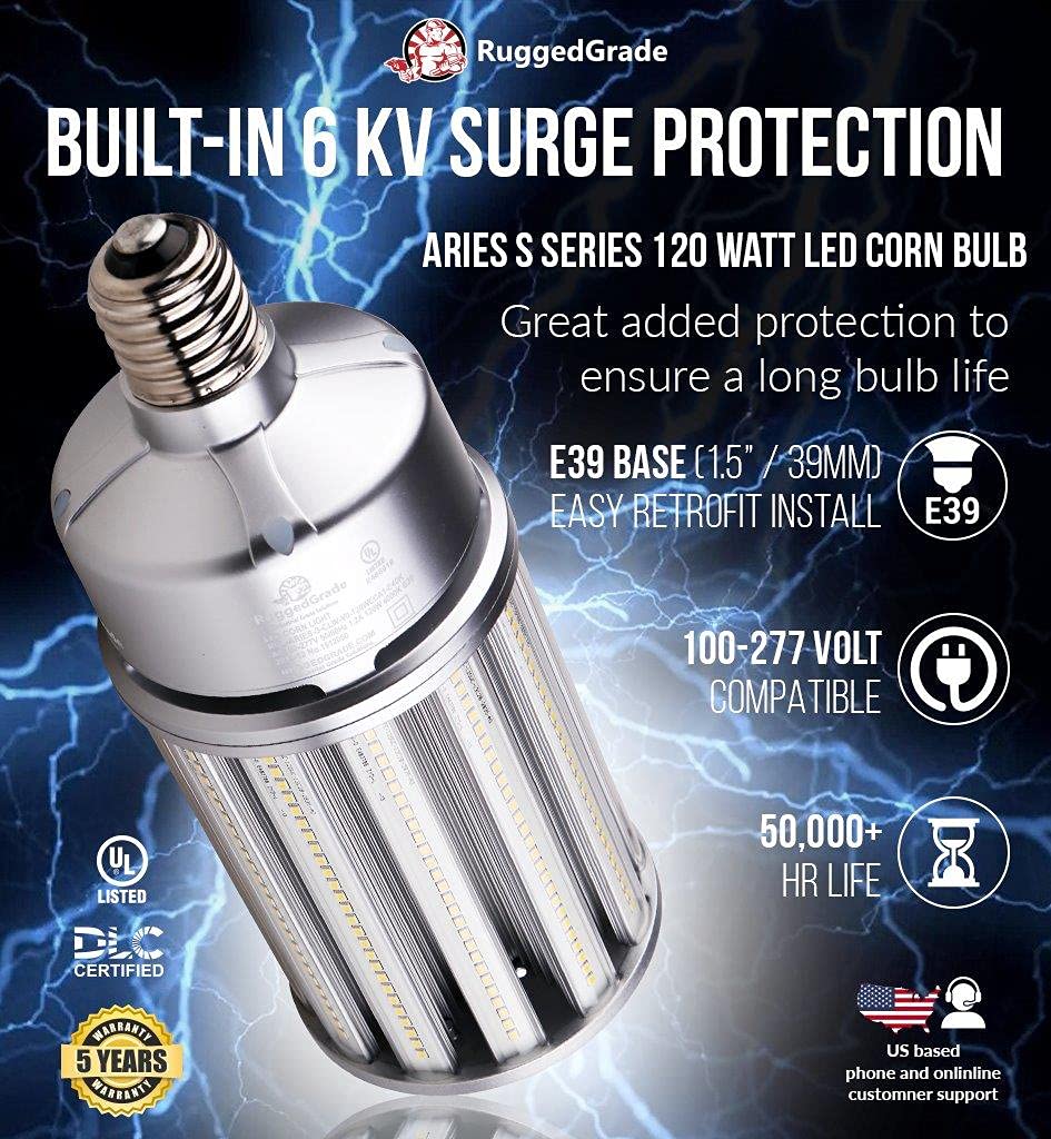 120 Watt LED Corn Bulb - Aries III Series - 16,400 Lumens - 5000K - E39 Large Mogul Base - Built-in 6KV Surge - Dimmable - DLC 5.1