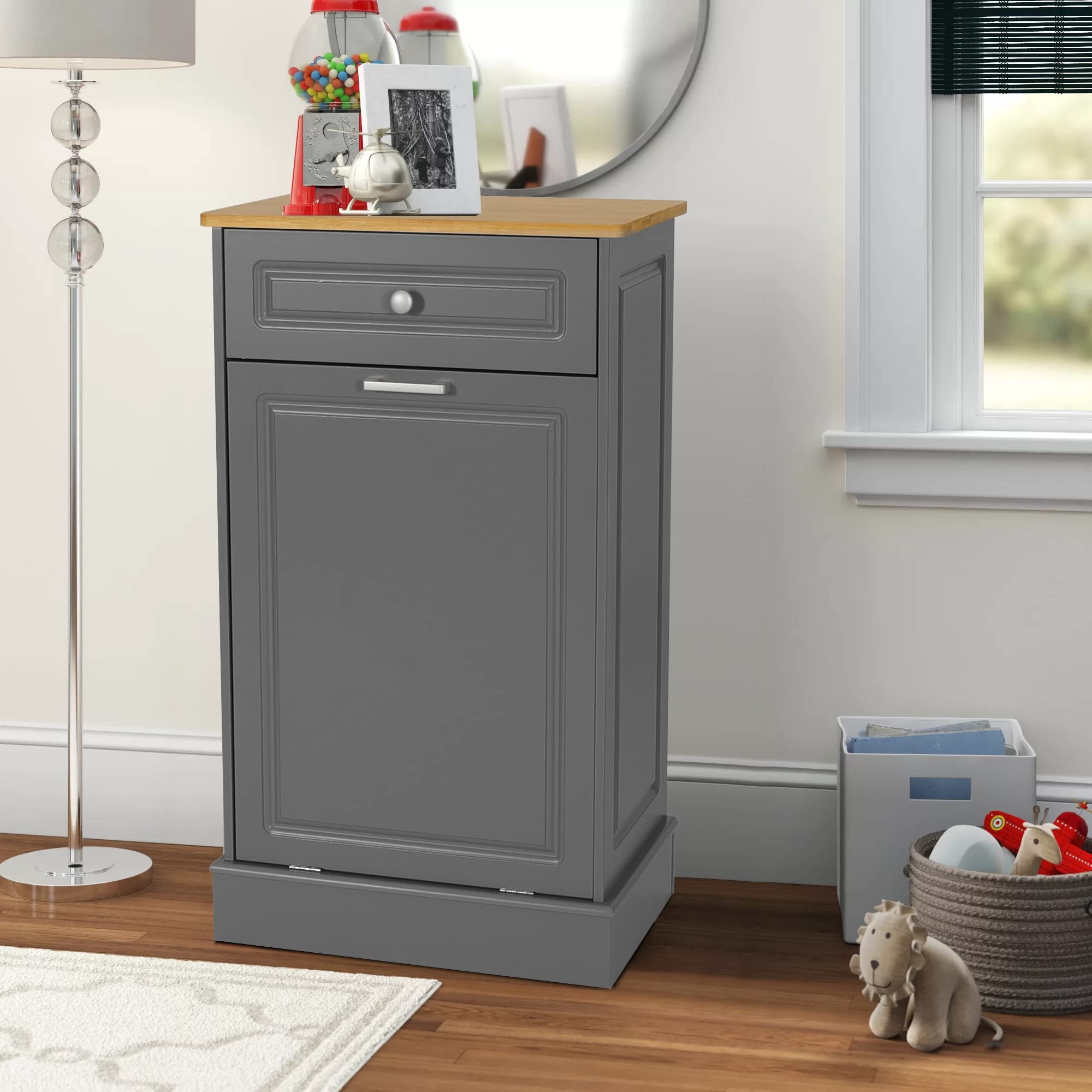 Anbuy Tilt Out Trash Cabinet Can Bin Kitchen Wooden Trash Can Free Standing Holder Recycling Cabinet with Hideaway Drawer Wooden Trash Holder (Grey)