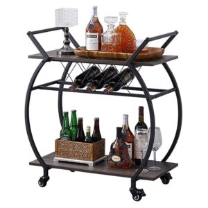 lvb bar cart with wine rack, 2 tier kitchen cart on wheels, industrial wood and metal portable coffee cart table for home, rustic modern mobile rustic rolling serving cart with shelves, dark oak