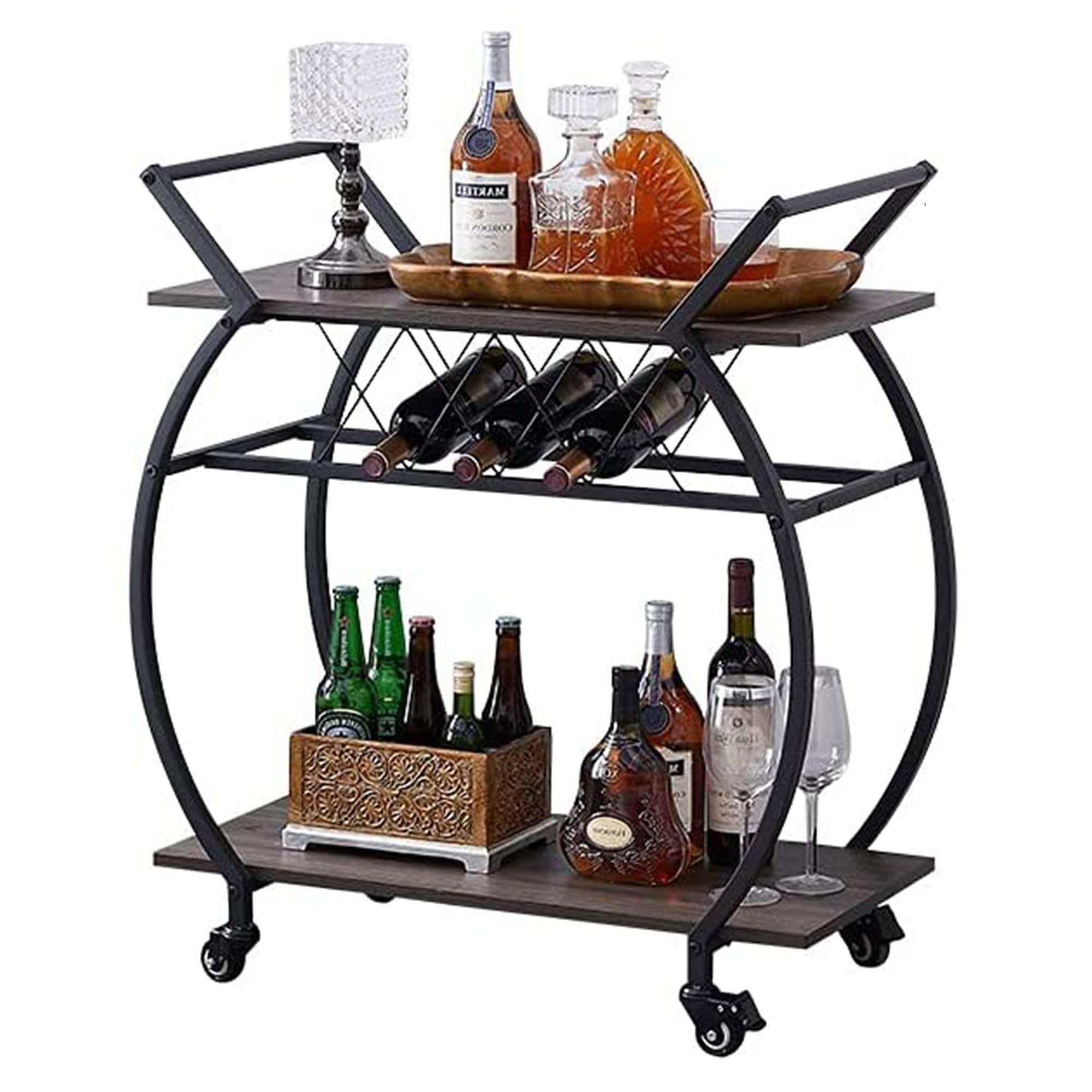 LVB Bar Cart with Wine Rack, 2 Tier Kitchen Cart on Wheels, Industrial Wood and Metal Portable Coffee Cart Table for Home, Rustic Modern Mobile Rustic Rolling Serving Cart with Shelves, Dark Oak