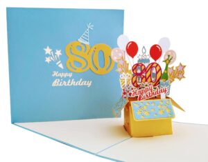 igifts and cards happy 80th blue birthday party box 3d pop up greeting card – eighty, awesome, balloons, unique, celebration, feliz cumpleaños, fun, fabulous