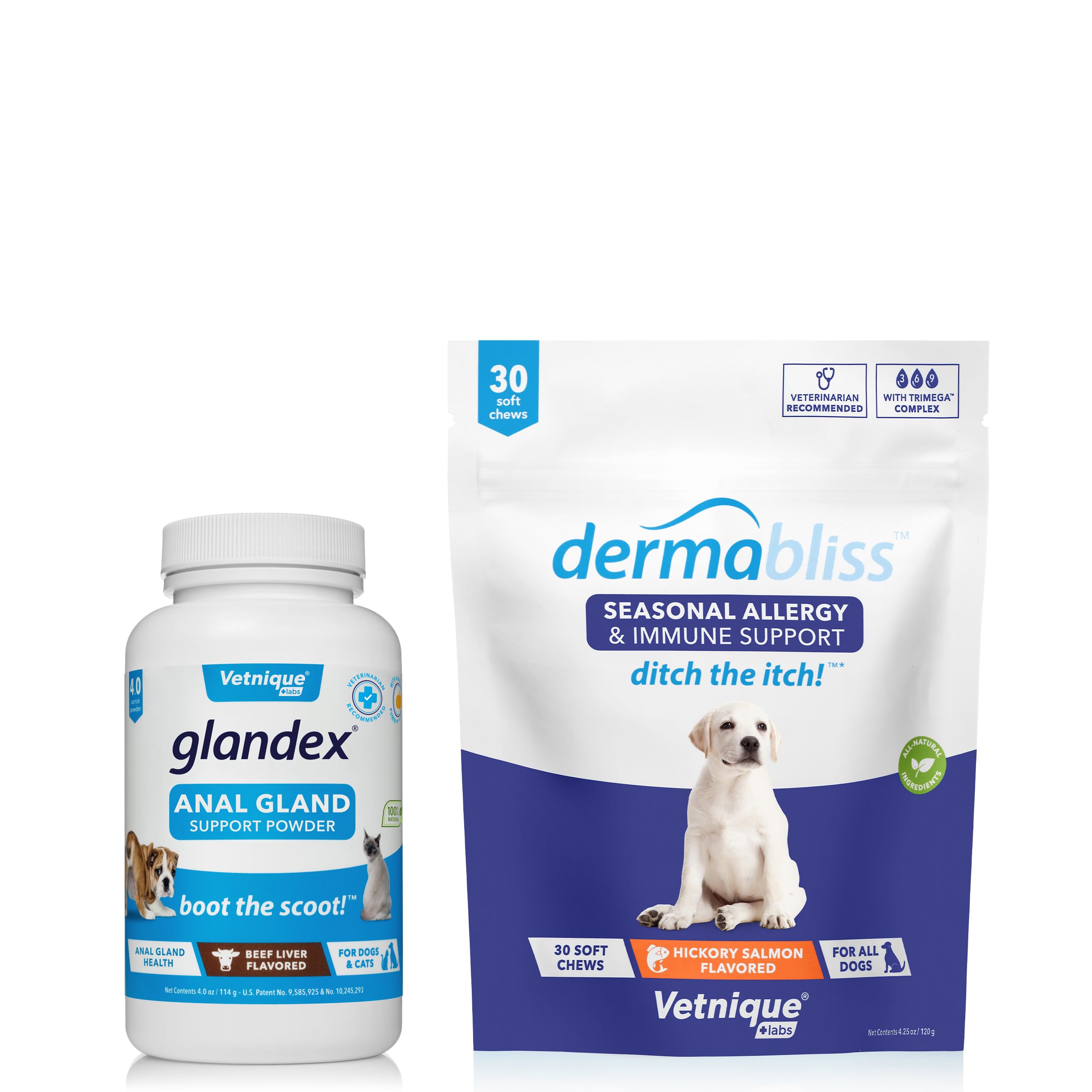 Vetnique Labs Glandex Dog Anal Gland Fiber Supplement Beef Powder (4oz) & Dermabliss Dog Allergy Itch Relief Soft Chews (30ct) Bundle