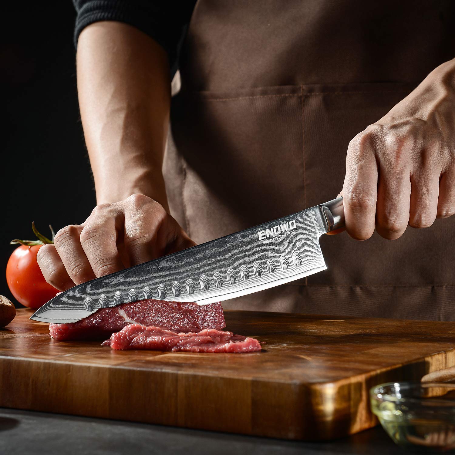 enowo Damascus Chef Knife 8 Inch with Clad Dimple,Razor Sharp Kitchen Carving Sushi Knife Made of Japanese VG-10 Stainless Steel,Gift Box,Ergonomic, Superb Edge Retention