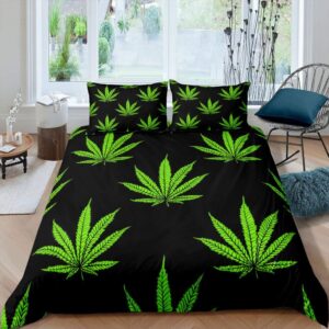 erosebridal marijuana weed leaves bedding set, adult cannabis leaves comforter cover, exotic leaves rustic duvet cover twin size, soft microfiber bedspread cover with zipper closure, green black