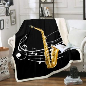 erosebridal saxophone sherpa blanket rotating musical notes fleece blanket musical instrument blanket throw retro jazz music theme fuzzy blanket for kids boys girls sofa decor throw 50"x60" gold black