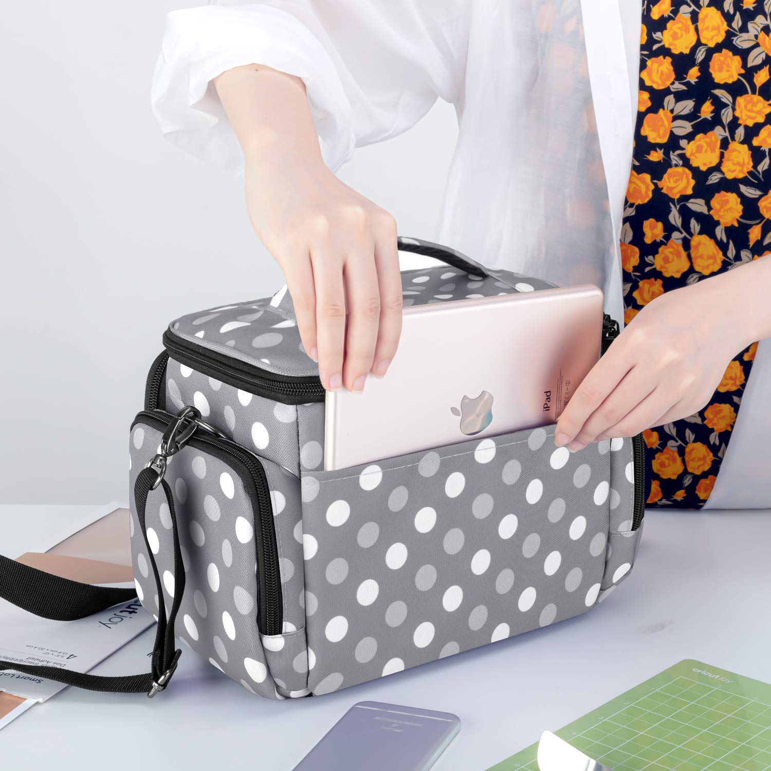 LUXJA Carrying Bag Compatible with Cricut Joy, Carrying Case Compatible with Cricut Joy and Tool Set, Tote Compatible with Cricut Joy (with Supplies Storage Sections, Patent Pending), Polka Dots