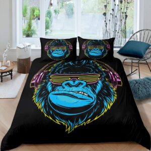 feelyou 3d gorilla duvet cover set headphone gorilla bedding set for kids boys girls wild animal pattern comforter cover watercolor blue design quilt cover bedroom collection 2pcs twin size