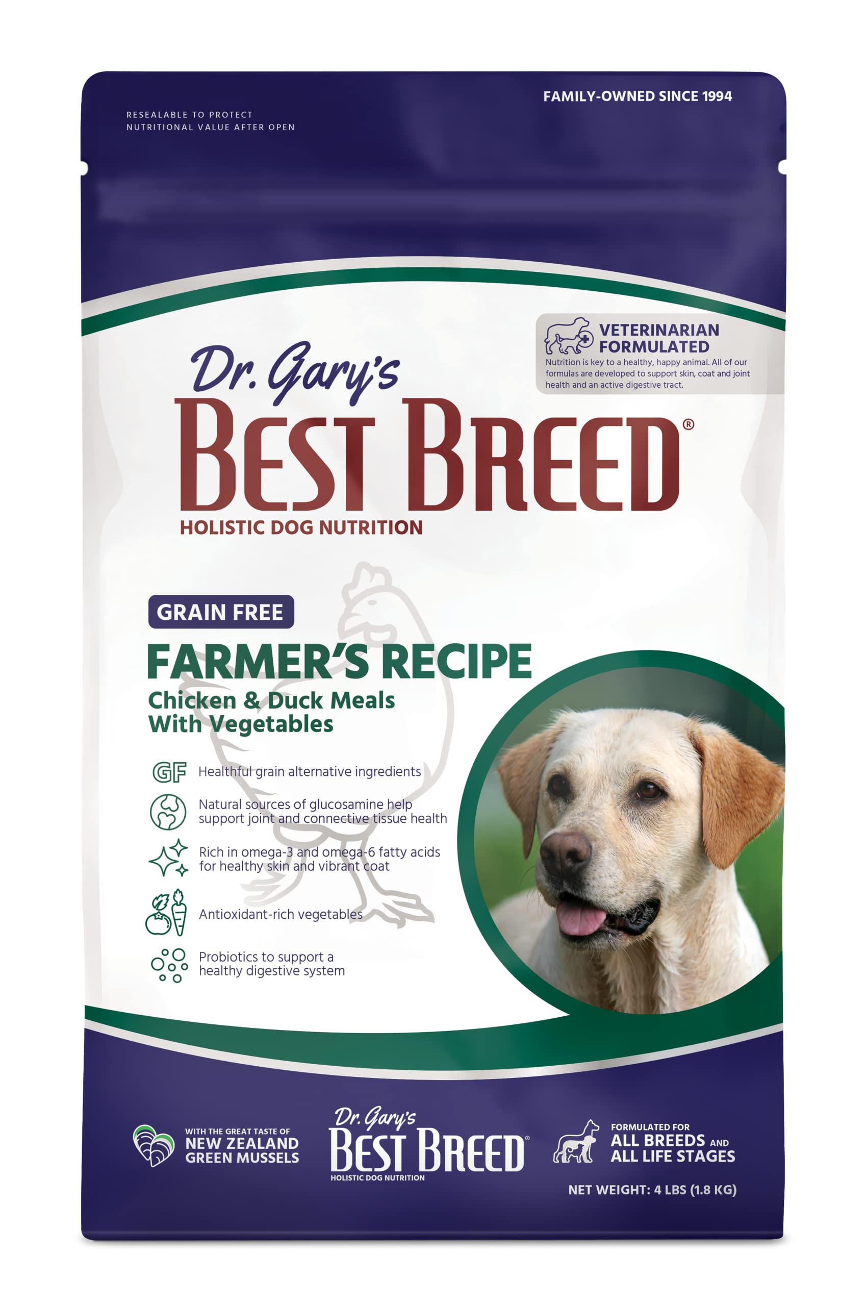 Best Breed Dr. Gary's Grain Free Farmer's Recipe Slow-Cooked in USA, Natural Dry Dog Food for All Breeds and Sizes, 4lbs.