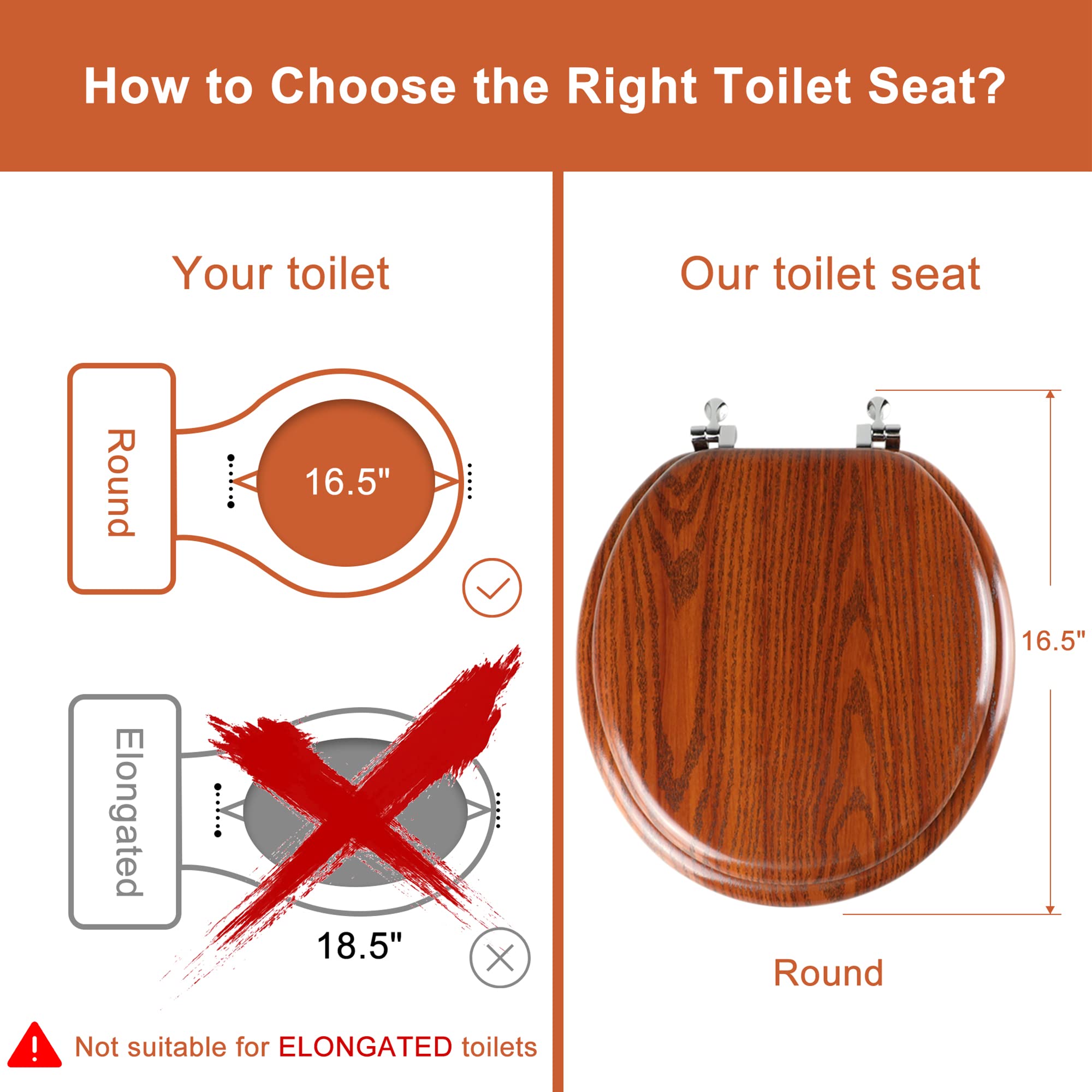 Round Toilet Seat Molded Wood Toilet Seat with Zinc Alloy Hinges, Easy to Install also Easy to Clean, Anti-pinch Wooden Toilet Seat by Angol Shiold (Round, Brownish Yellow)