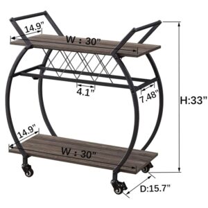 LVB Bar Cart with Wine Rack, 2 Tier Kitchen Cart on Wheels, Industrial Wood and Metal Portable Coffee Cart Table for Home, Rustic Modern Mobile Rustic Rolling Serving Cart with Shelves, Dark Oak