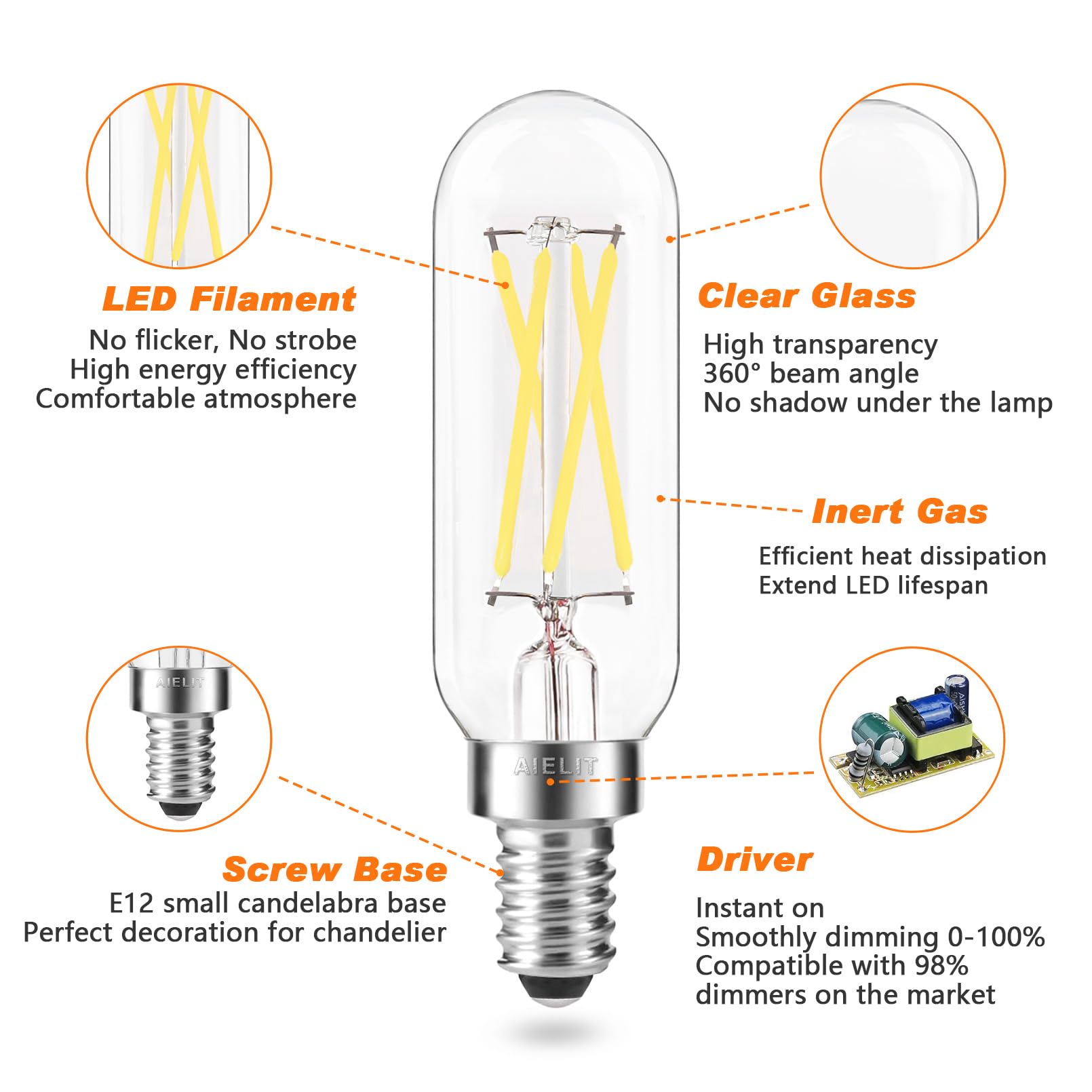 AIELIT T8/T6/T25 E12 LED Light Bulbs 40-Watt Equivalent, Natural White 4000K, Clear Glass, Tubular 4W Dimmable LED Filament Bulb for Home, Restaurant, 4-Pack