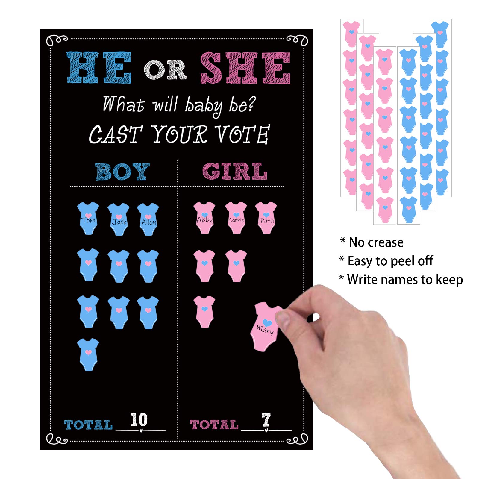 Baby Gender Reveal Party Supplies Kit,Photo Props Games Decorations,Boy or Girl,Includes 3 Game Posters (11x17),3 Signs (8x10),1 Erasable Marker,48 Blue and Pink Voting Stickers