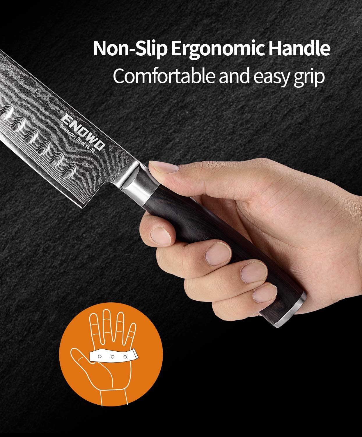 enowo Damascus Chef Knife 8 Inch with Clad Dimple,Razor Sharp Kitchen Carving Sushi Knife Made of Japanese VG-10 Stainless Steel,Gift Box,Ergonomic, Superb Edge Retention