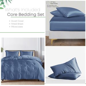 Linenwalas Tencel Lyocell Duvet Cover Set with Deep Pocket Fitted Sheet, Viscose Made from Eucalyptus Soft, Lightweight and Breathable Complete Bedding Set (Bahamas Blue, Full)