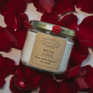 With Love - Rose and Vanilla Fragrance Soy Candle - Unique Large Soy Candle with a Red Rose Decor and red Crystals inside- Boxed