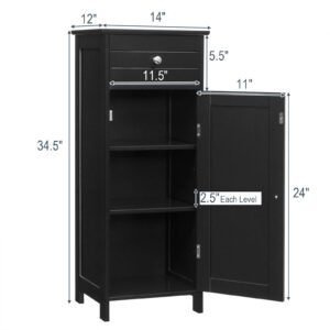 Tangkula Bathroom Floor Cabinet, Wooden Side Storage Organizer, Free-Standing Single Door Floor Storage Cabinet with Large Drawer & 2 Adjustable Shelves for Living Room Kitchen (Black)