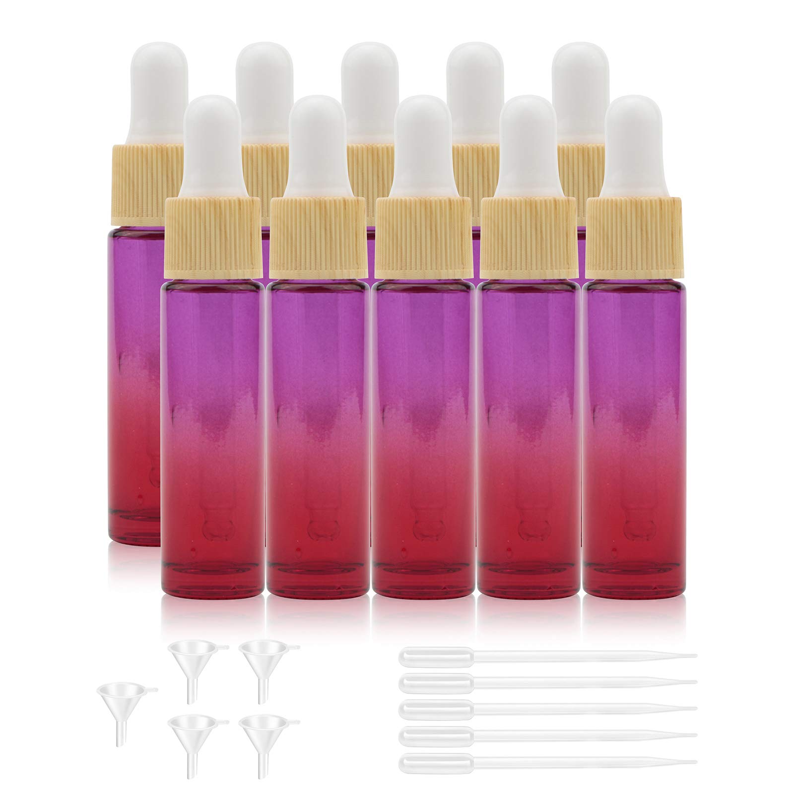 Kesell 10Pcs 10ml Dropper Bottle Purple-red Gradient Color Glass Vial With Dropper Empty Perfume Oil Bottles, 5pcs Funnels + 5pcs 5ml Transfer Dropper