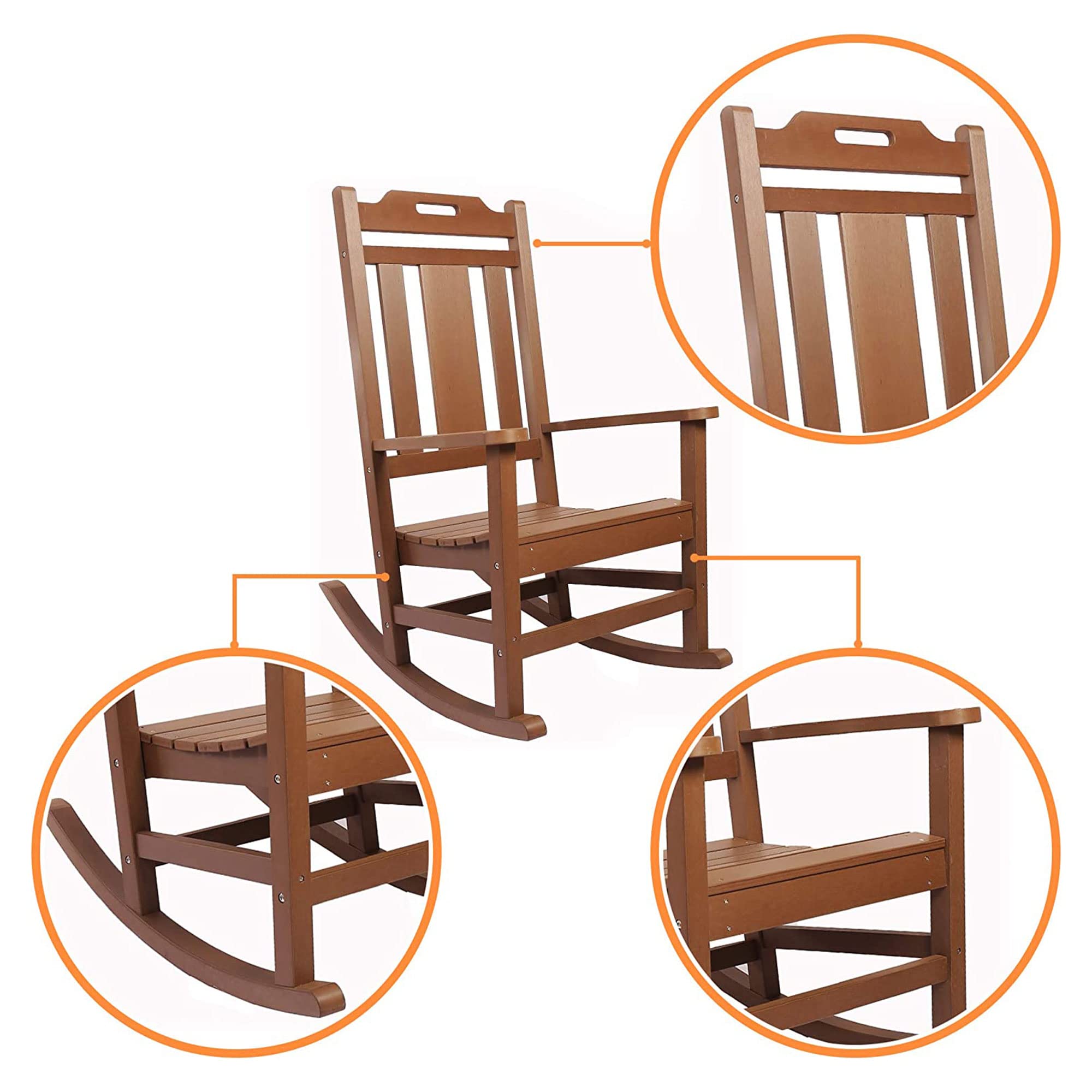 PolyTEAK Porch Rockers Collection Poly Lumber Wood Alternative All Weather Modern Outdoor Rocking Chair for Patios, Porches, and Fire Pits, Brown