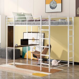 full loft beds metal bed frame loft bed with desk and bookcase, full size loft bed for dorm, boys & girls teens kids, white