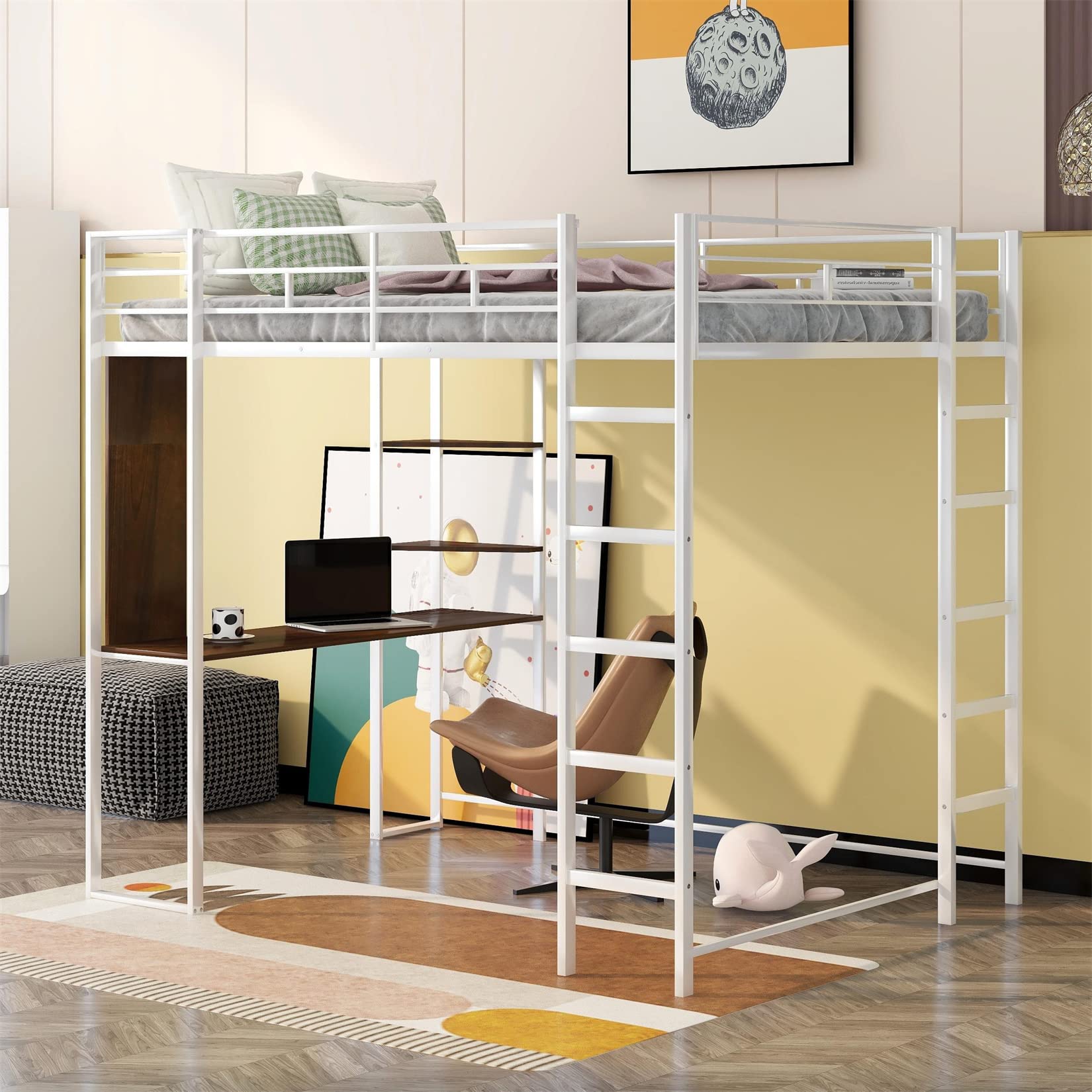 Full Loft Beds Metal Bed Frame Loft Bed with Desk and Bookcase, Full Size Loft Bed for Dorm, Boys & Girls Teens Kids, White