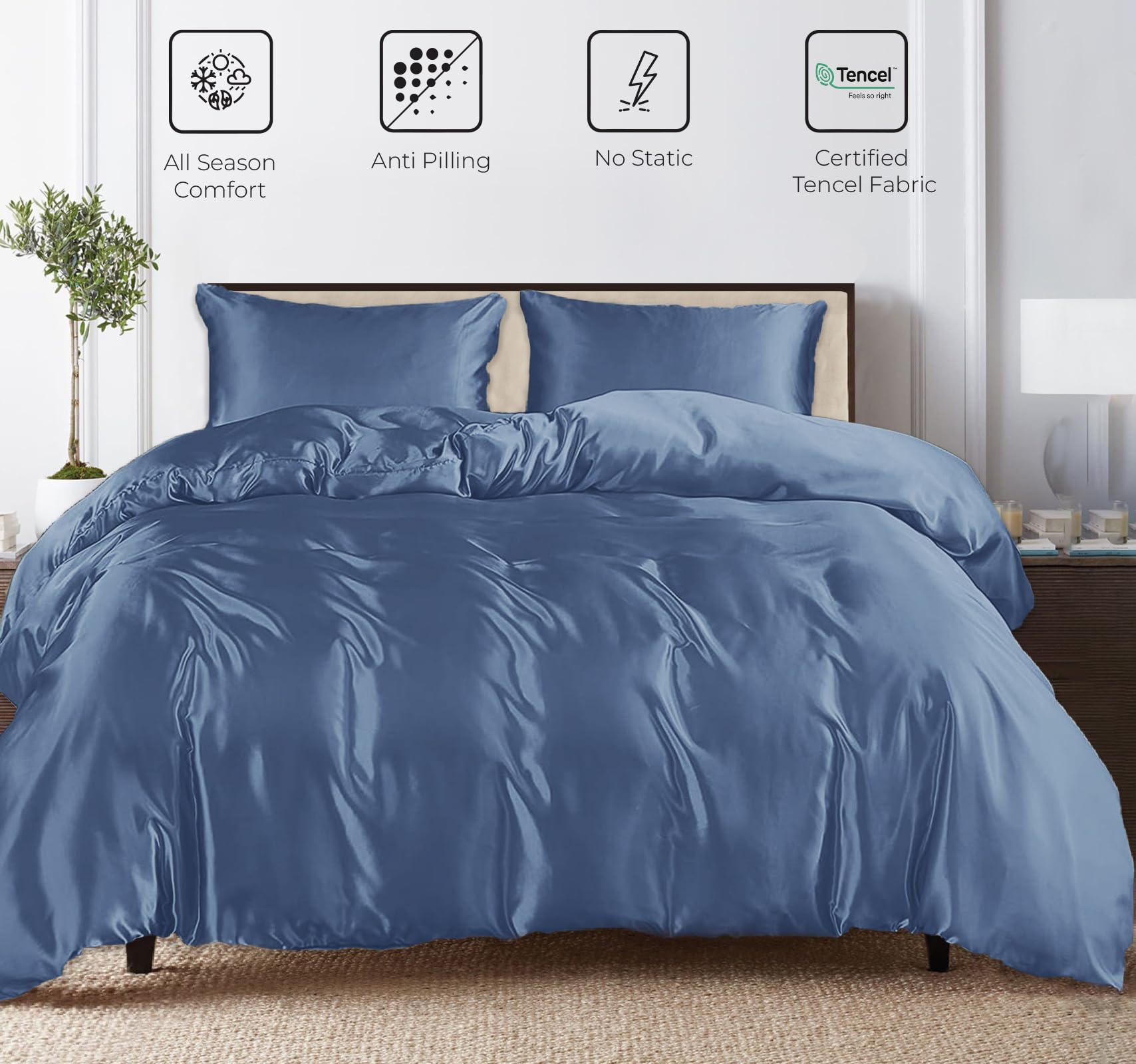 Linenwalas Tencel Lyocell Duvet Cover Set with Deep Pocket Fitted Sheet, Viscose Made from Eucalyptus Soft, Lightweight and Breathable Complete Bedding Set (Bahamas Blue, Full)