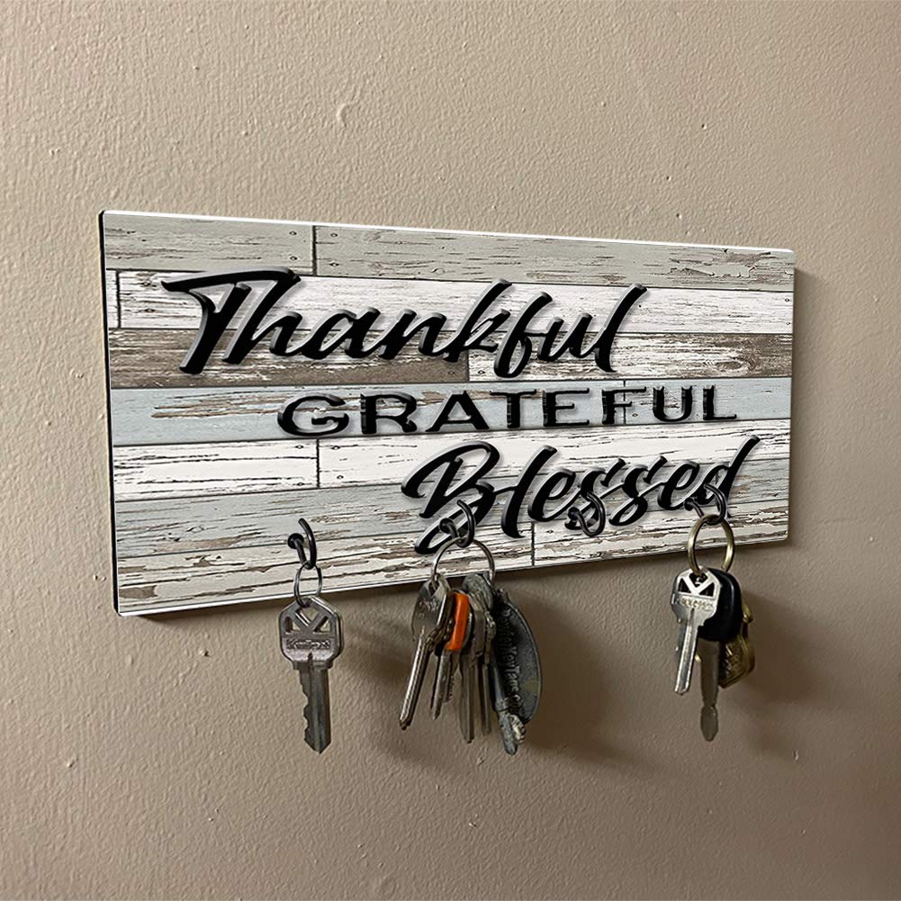 Brotherhood Barn Wood Chipped Paint White Board Flooring Design Thankful Grateful Blessed Key Hanger Organizer Wall Mount Rack for Holders The Home Keys Ring Decorative Hangers Decor Hook Holder