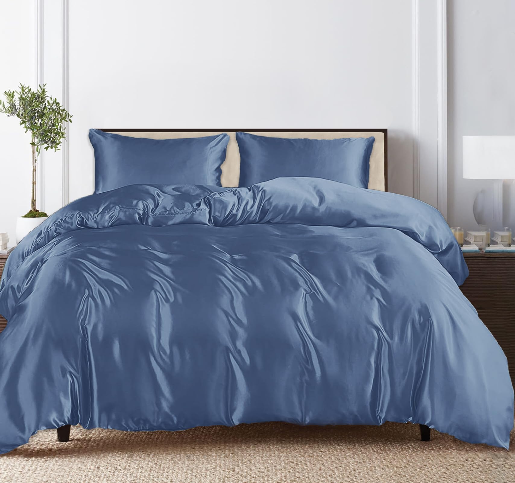 Linenwalas Tencel Lyocell Duvet Cover Set with Deep Pocket Fitted Sheet, Viscose Made from Eucalyptus Soft, Lightweight and Breathable Complete Bedding Set (Bahamas Blue, Queen)