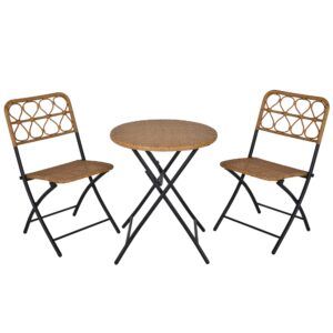 outsunny 3 pieces wicker outdoor bistro set, folding rattan patio furniture set with coffee table and porch chairs for backyard, balcony, garden, natural