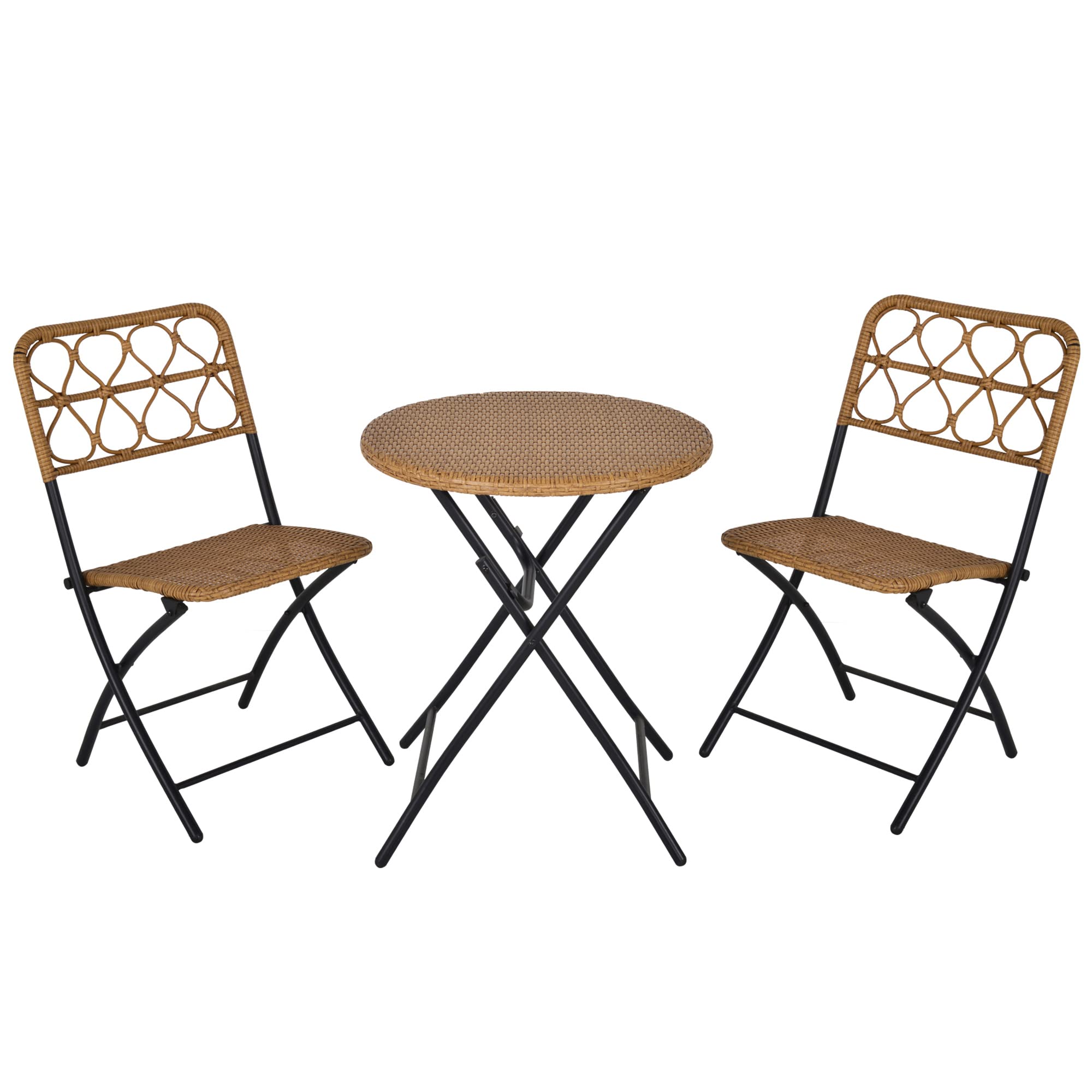 Outsunny 3 Pieces Wicker Outdoor Bistro Set, Folding Rattan Patio Furniture Set with Coffee Table and Porch Chairs for Backyard, Balcony, Garden, Natural