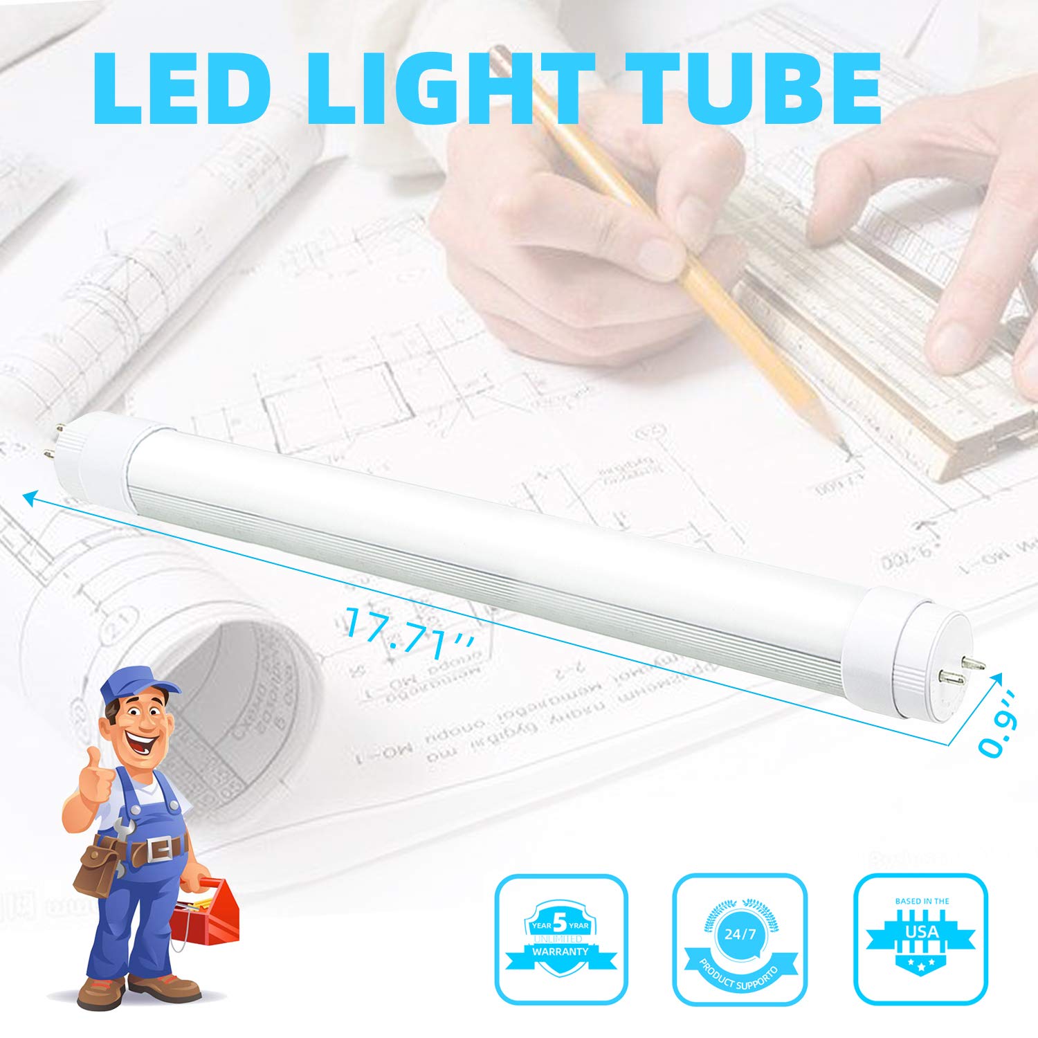 F15T8 LED Tube Light,7W 18inch/18 Length, 5000K Daylight White, T8 LED Replacement Tube Light, Rotatable End Caps,Frosted Cover, 85-265VAC (120V 2Pack)