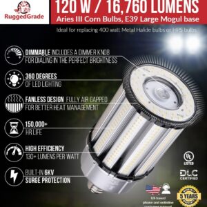 120 Watt LED Corn Bulb - Aries III Series - 16,400 Lumens - 5000K - E39 Large Mogul Base - Built-in 6KV Surge - Dimmable - DLC 5.1