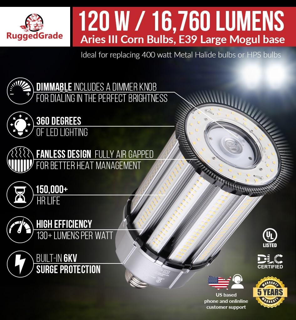 120 Watt LED Corn Bulb - Aries III Series - 16,400 Lumens - 5000K - E39 Large Mogul Base - Built-in 6KV Surge - Dimmable - DLC 5.1