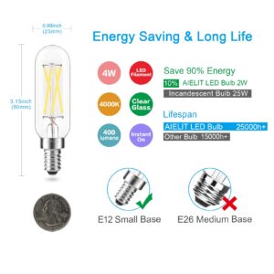 AIELIT T8/T6/T25 E12 LED Light Bulbs 40-Watt Equivalent, Natural White 4000K, Clear Glass, Tubular 4W Dimmable LED Filament Bulb for Home, Restaurant, 4-Pack