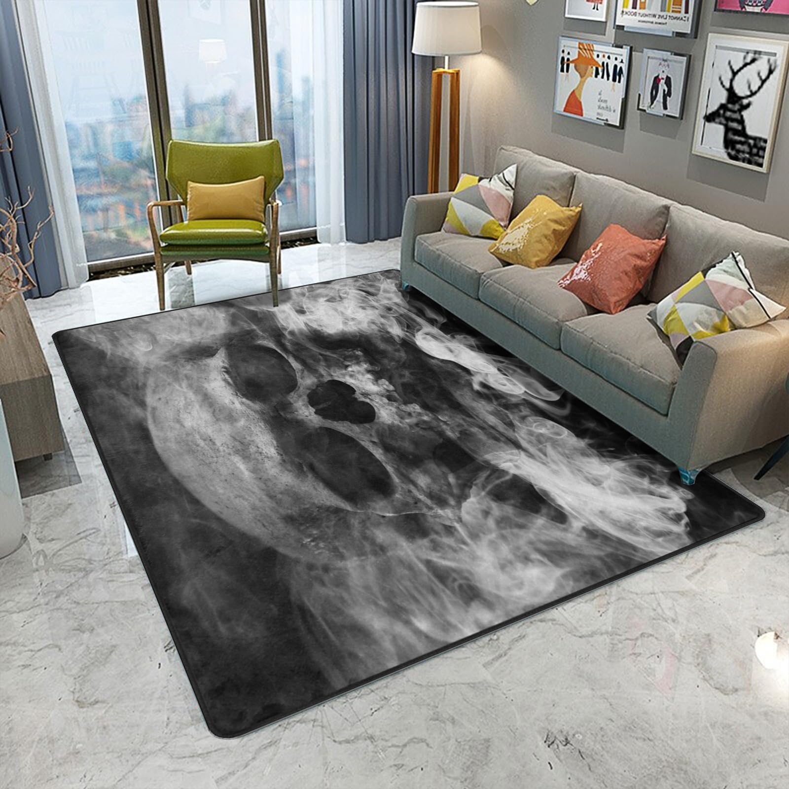 ALALAL Smoke Sugar Skull Area Rug, Rug for Living Room Soft Durable Rugs Carpet for Bedroom 5'x7' Grey/Black 80 X 58 in