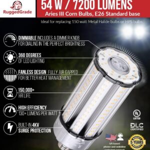 54 Watt LED Corn Bulb -Aries III Series - 7,200 Lumens -5000K - E26 Standard Base - Built-in 4KV Surge-Dimmable