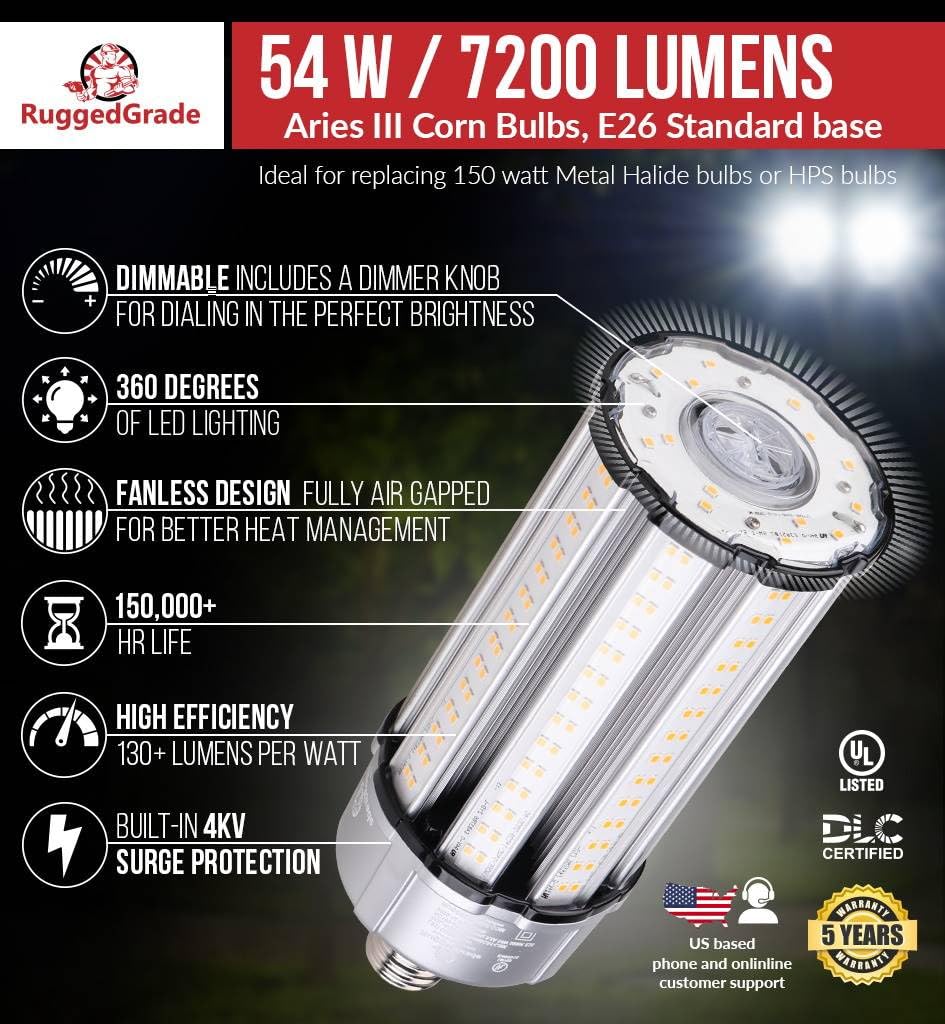 54 Watt LED Corn Bulb -Aries III Series - 7,200 Lumens -5000K - E26 Standard Base - Built-in 4KV Surge-Dimmable