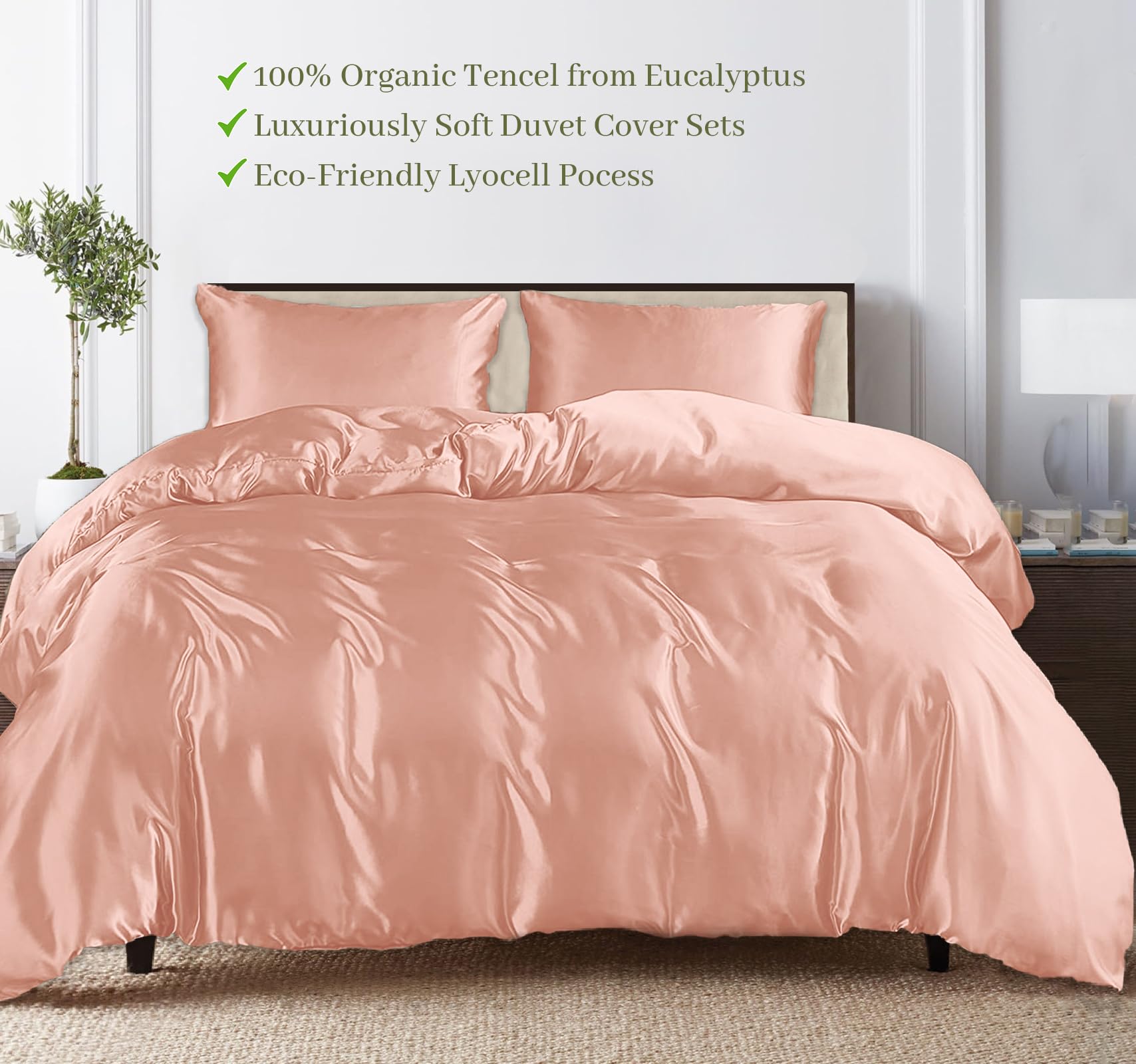 Linenwalas Tencel Lyocell Duvet Cover Set with Deep Pocket Fitted Sheet, Viscose Made from Eucalyptus Soft, Lightweight and Breathable Complete Bedding Set (Rose Gold, King)