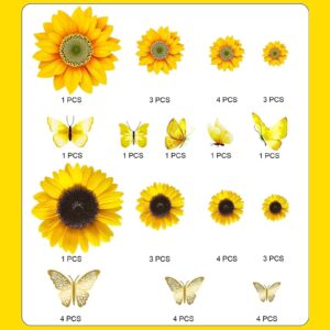 Large Sunflower Wall Stickers - 39 PCS Sunflower Daisy Decals for Wall 3D Butterfly Wall Sticker Sunflower Bathroom Nursery Decor Removable Yellow Flowers Decal for Kitchen Bedroom Decoration