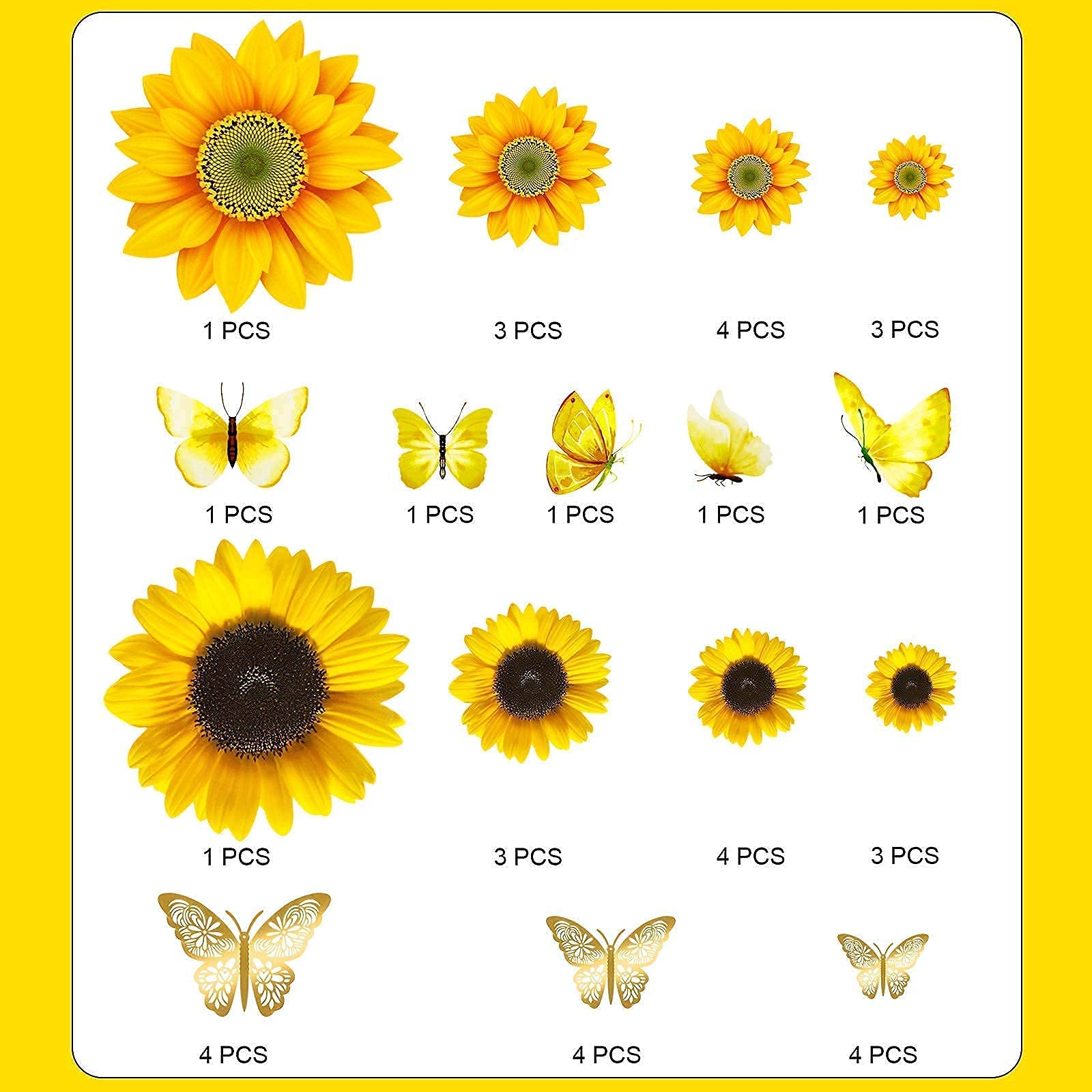 Large Sunflower Wall Stickers - 39 PCS Sunflower Daisy Decals for Wall 3D Butterfly Wall Sticker Sunflower Bathroom Nursery Decor Removable Yellow Flowers Decal for Kitchen Bedroom Decoration