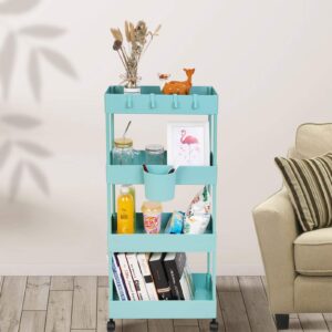 JAKAGO 4-Tier Utility Rolling Storage Cart Slim Mobile Shelves on Wheels Multi-Function Trolley with Mesh Basket Storage Organizer Rack for Kitchen Pantry Bathroom Laundry (Teal)