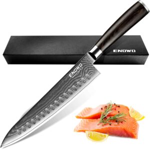 enowo damascus chef knife 8 inch with clad dimple,razor sharp kitchen carving sushi knife made of japanese vg-10 stainless steel,gift box,ergonomic, superb edge retention