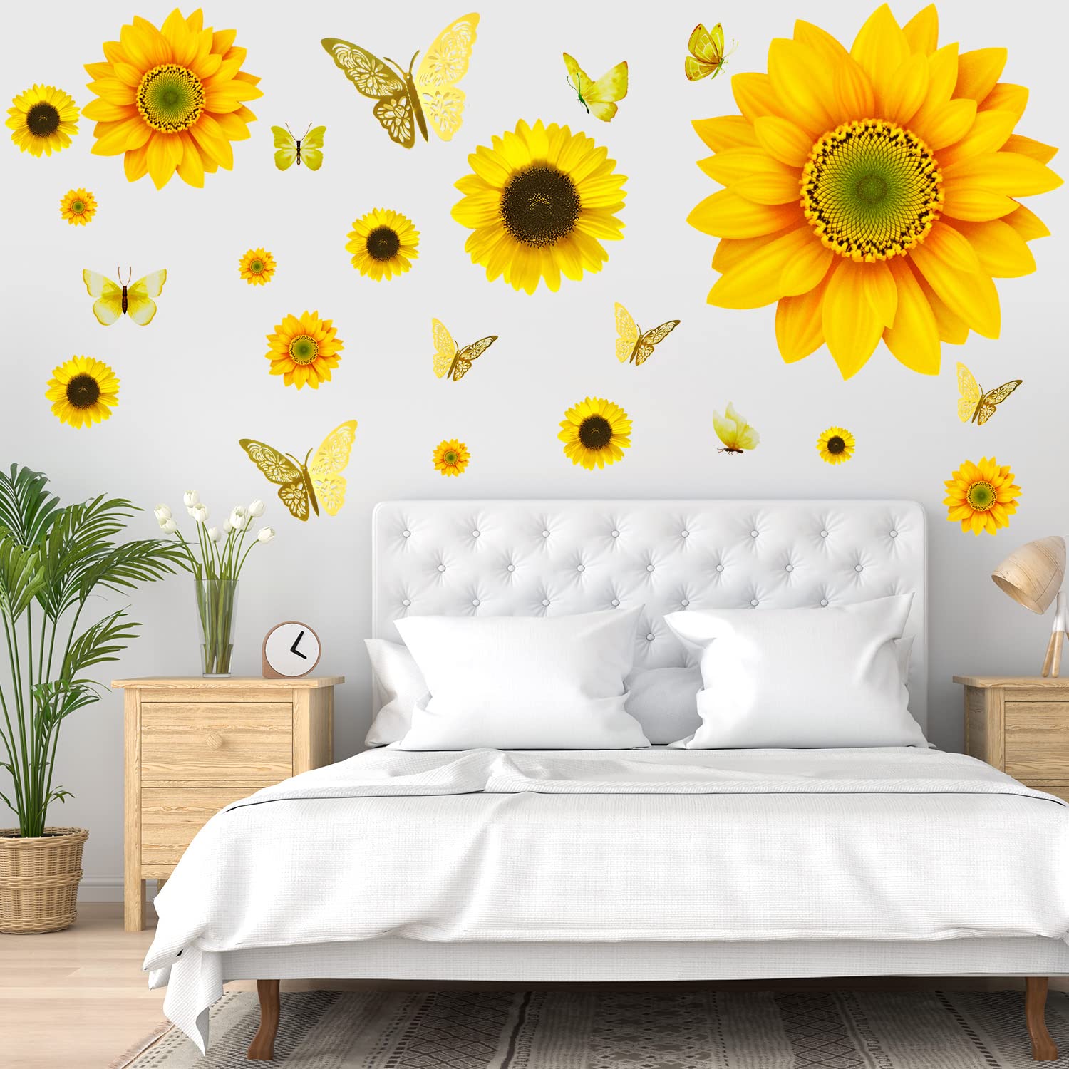 Large Sunflower Wall Stickers - 39 PCS Sunflower Daisy Decals for Wall 3D Butterfly Wall Sticker Sunflower Bathroom Nursery Decor Removable Yellow Flowers Decal for Kitchen Bedroom Decoration