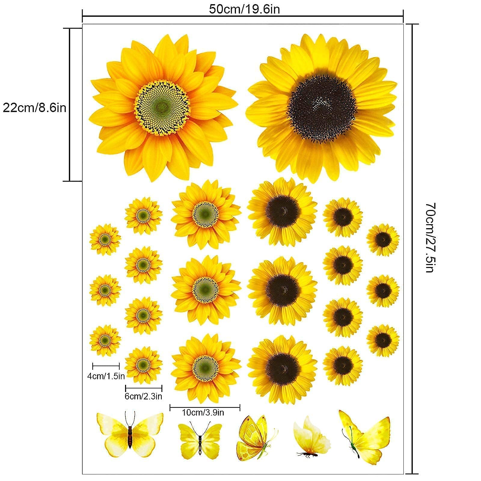 Large Sunflower Wall Stickers - 39 PCS Sunflower Daisy Decals for Wall 3D Butterfly Wall Sticker Sunflower Bathroom Nursery Decor Removable Yellow Flowers Decal for Kitchen Bedroom Decoration