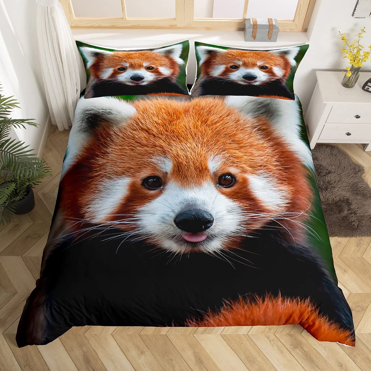 Feelyou Red Panda Duvet Cover Cute Panda Bedding Set for Kids Boys Girls Wild Animal Decor Comforter Cover Jungle Wildlife Style Bedspread Cover Bedroom Collection 2Pcs Twin Size