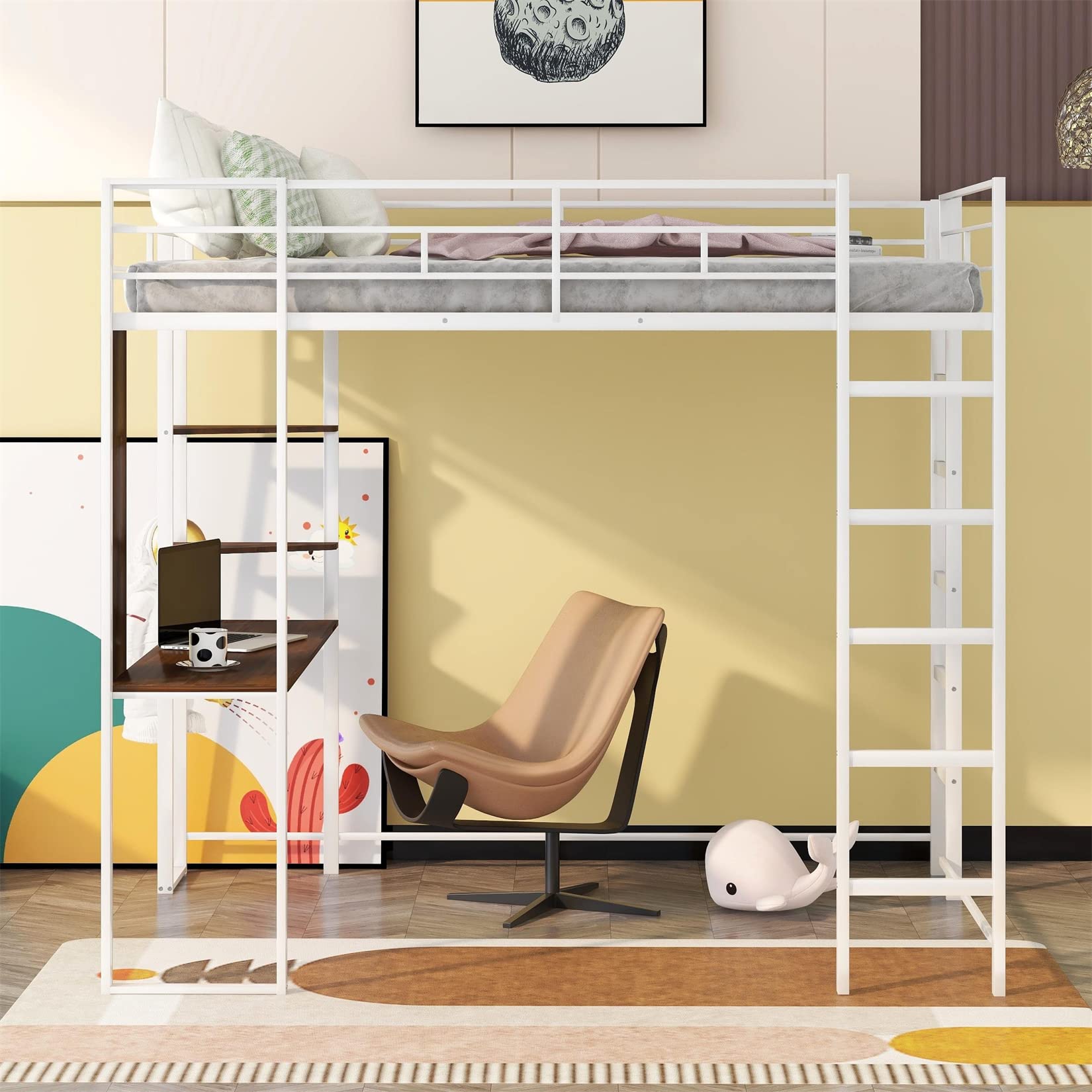 Full Loft Beds Metal Bed Frame Loft Bed with Desk and Bookcase, Full Size Loft Bed for Dorm, Boys & Girls Teens Kids, White