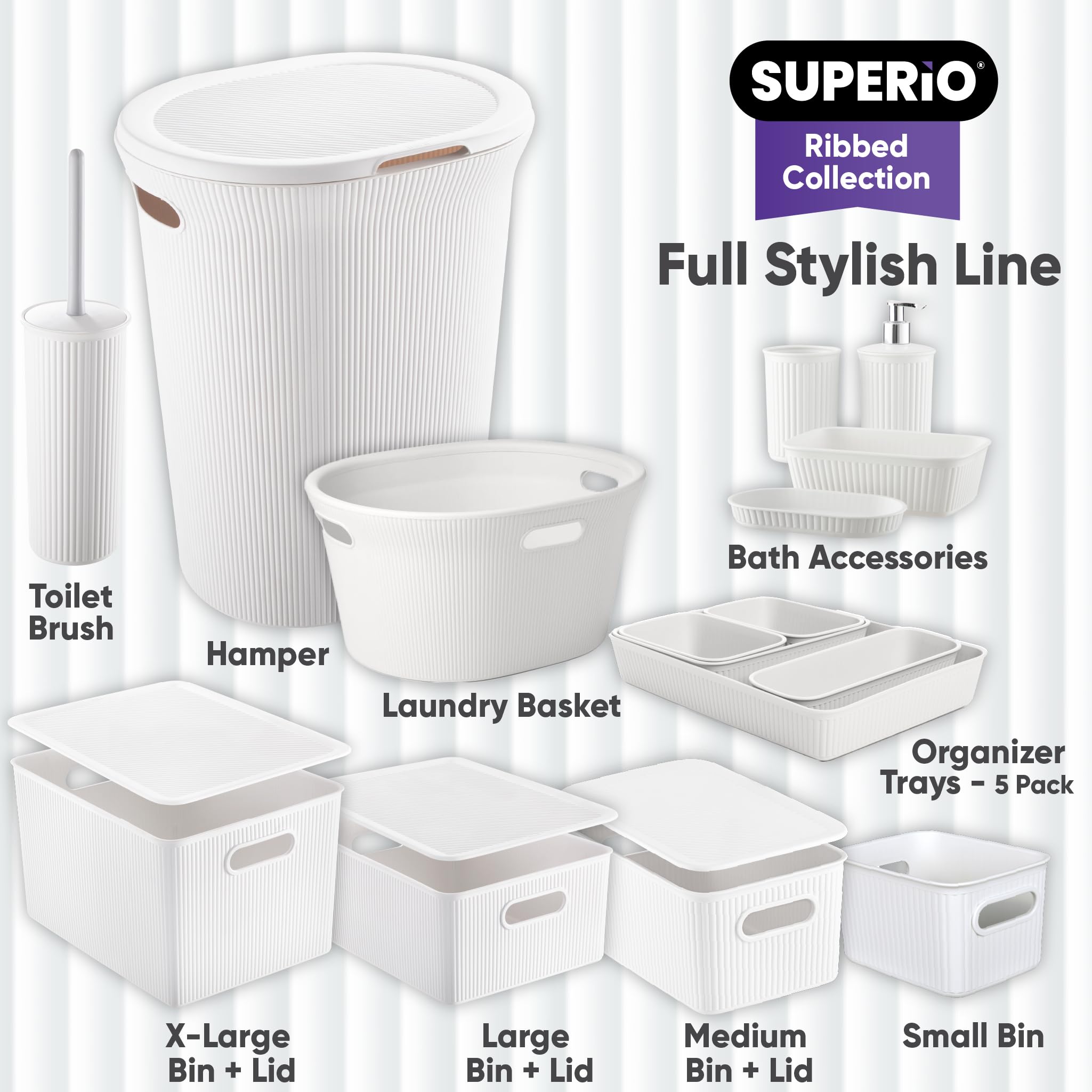 Superio Ribbed Collection - Superio Lid for Decorative Plastic Open Home Storage Bins Organizer Baskets, Medium White - for Organizing Closet Shelves Drawer Shelf 5 Liter